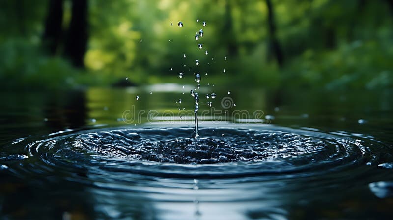 A Single Drop of Water Creates Ripples in a Still Pond, with a Green ...