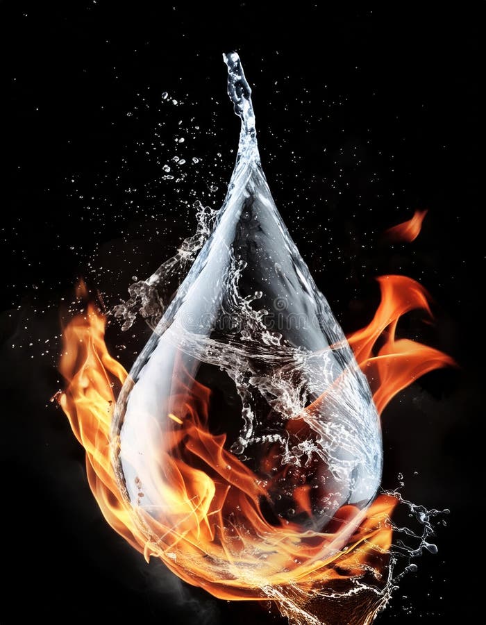 A Single Drop of Water and Fire Set Against a Black Backdrop Stock ...