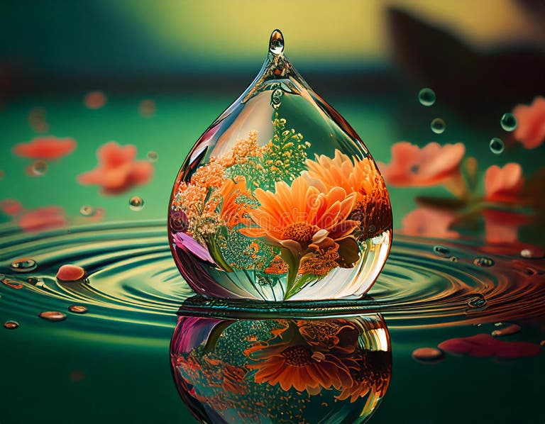 Single Drop of Water, Inside the Drop, on Which Flowers are Reflex ...