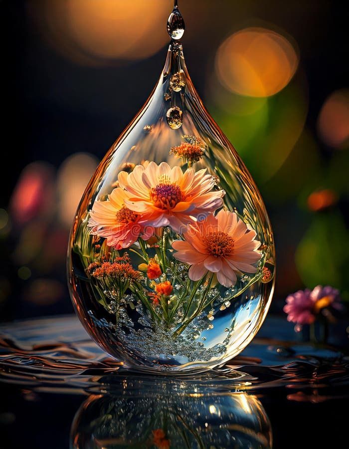 Single Drop of Water, Inside the Drop, on Which Flowers are Reflex ...
