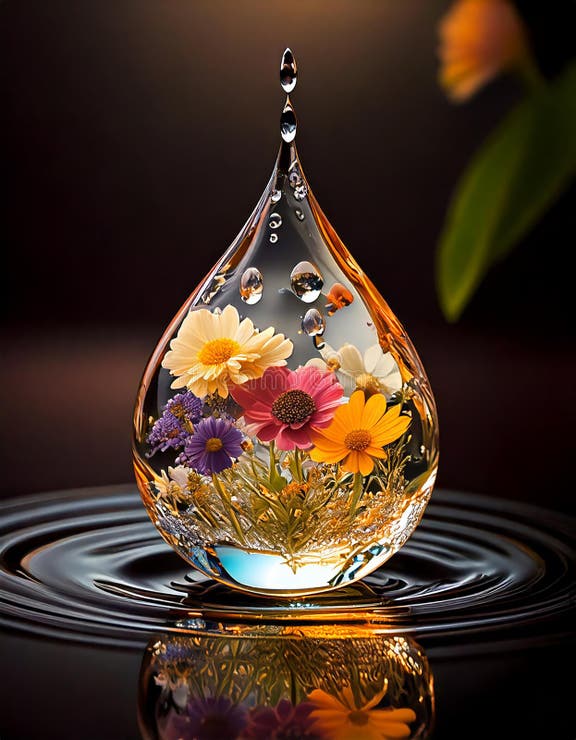 Single Drop of Water, Inside the Drop, on Which Flowers are Reflex ...