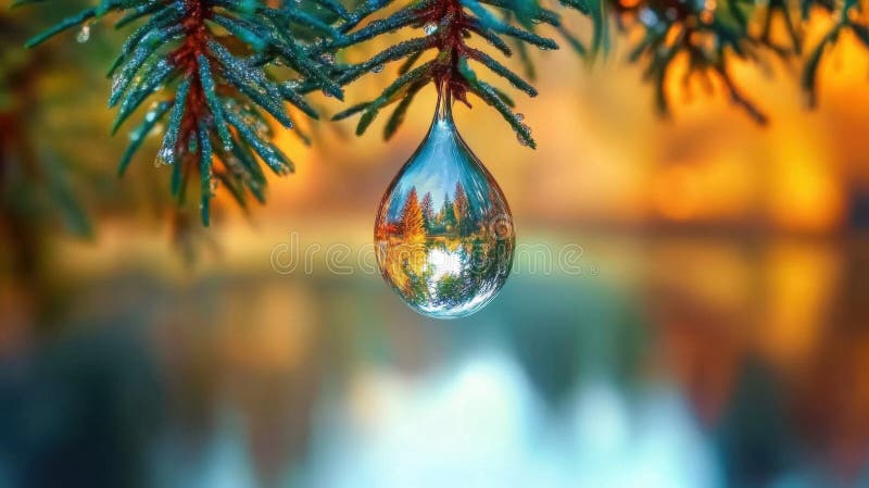 A Single Drop of Water Suspended from a Green Tree Branch in Natural ...