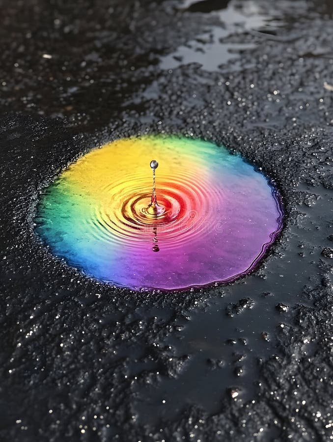 A Single Droplet Falling into a Puddle with Rainbow Colors on a Dark ...