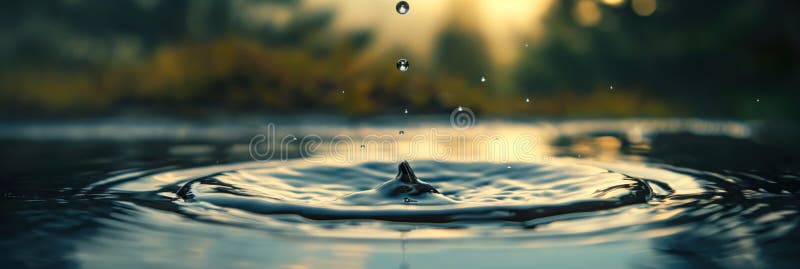 Single Droplet of Water Falls into Calm Puddle. Clear Liquid Forms ...
