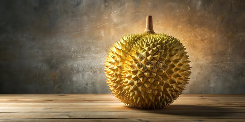 A Single Durian Fruit Rests on a Rustic Wooden Surface Against a ...