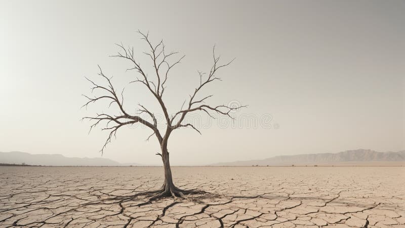 Single Dying Tree in a Vast, Empty Landscape. Dry Earth Stretches ...