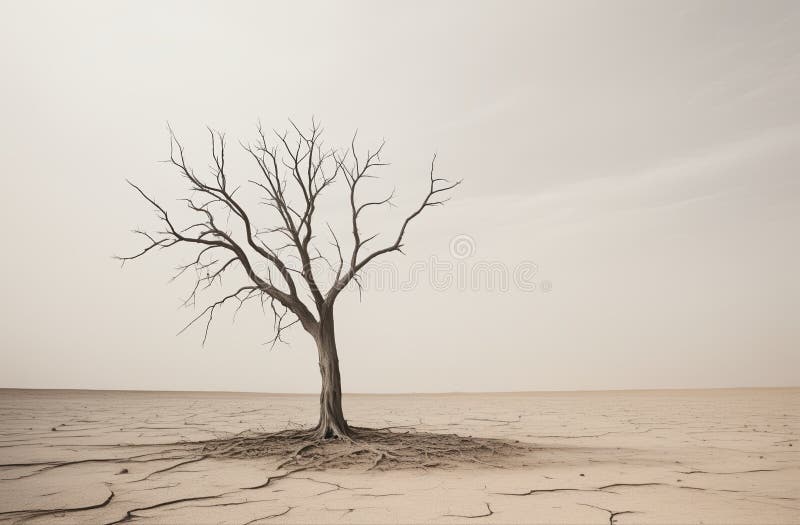 Single Dying Tree in a Vast, Empty Landscape. Dry Earth Stretches ...