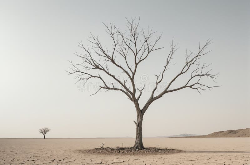 Single Dying Tree in a Vast, Empty Landscape. Dry Earth Stretches ...
