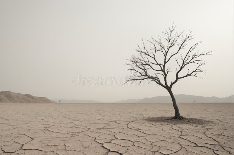 Single Dying Tree in a Vast, Empty Landscape. Dry Earth Stretches ...