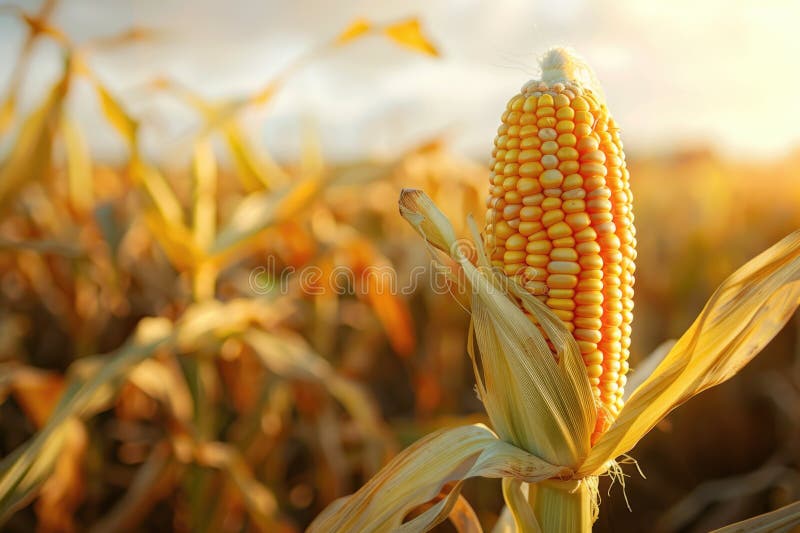 A Single Ear of Corn Standing in a Sunny Field Stock Image - Image of ...