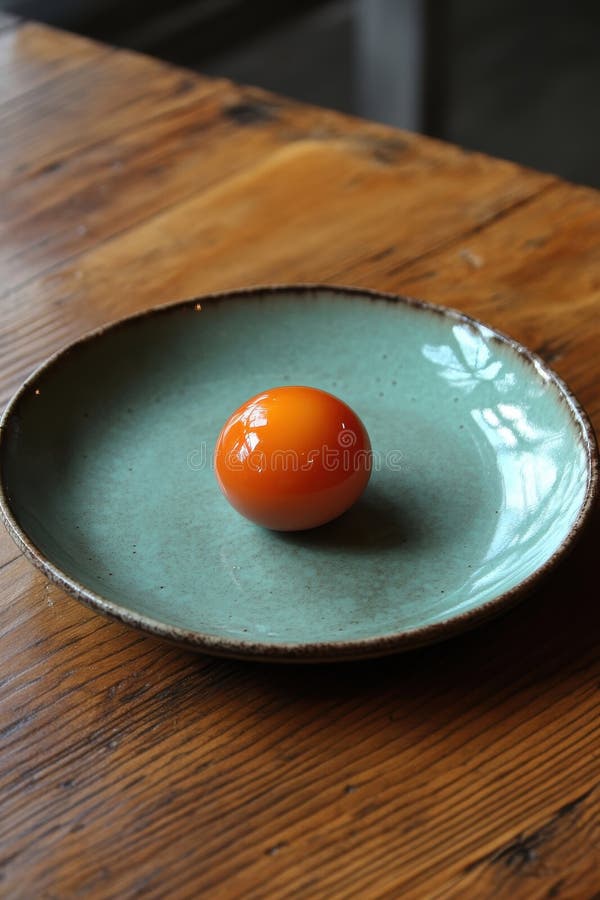 Single Egg Yolk Resting on a Light Blue Plate on a Wooden Table Stock ...