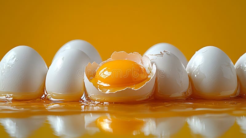 A Single Egg Yolk Sits in a Cracked Eggshell Surrounded by Whole Eggs ...