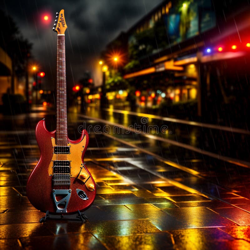 A Single Electric Guitar in the Drizzling Rain. Stock Image - Image of ...