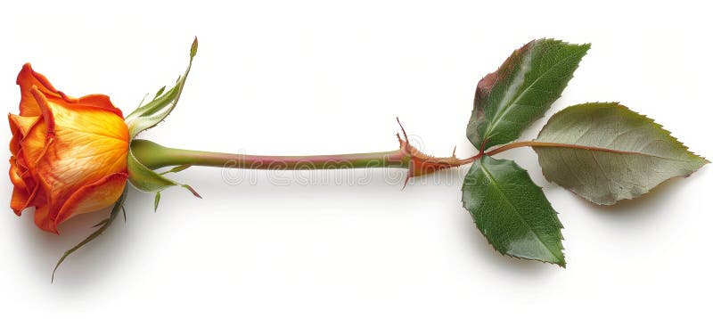 Single, Elegant, Light Orange Rose with Long Stem and Leaves, Isolated ...