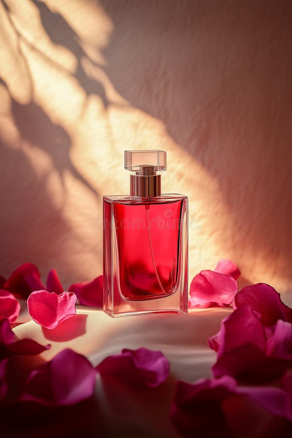 A Single Elegant Perfume Bottle with Rose Petals. Stock Illustration ...