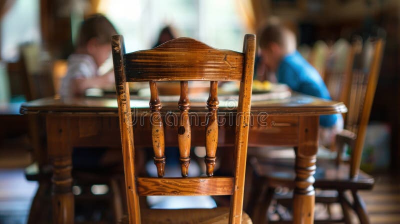 A Single Empty Chair at a Family Table, with Blurred Family Members ...