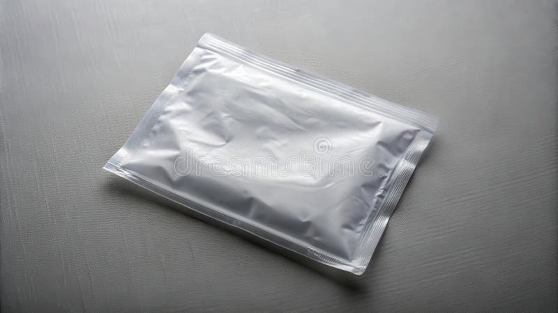 A Single, Empty, Sealed, Clear Plastic Pouch Rests on a Gray Surface ...