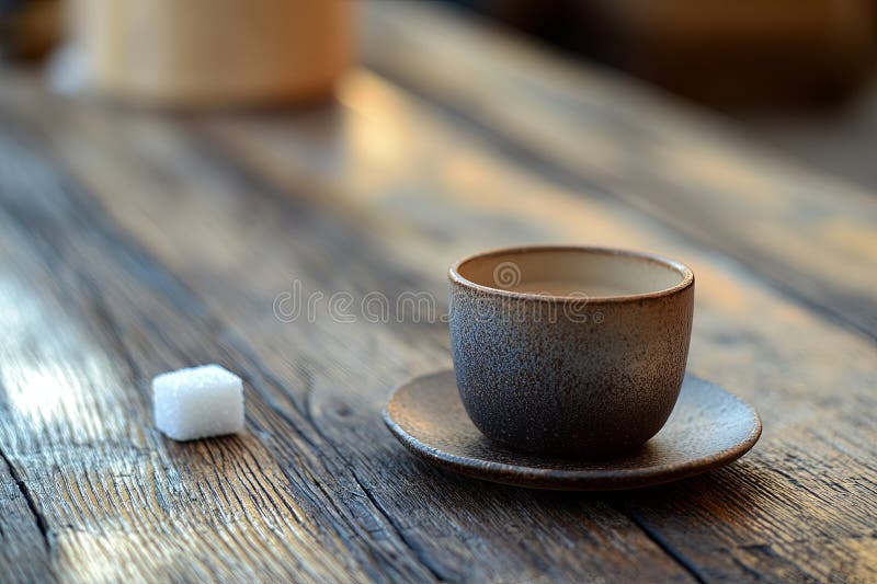 A Single Espresso Cup Styled on a Wooden Table with a Sugar Cube Stock ...