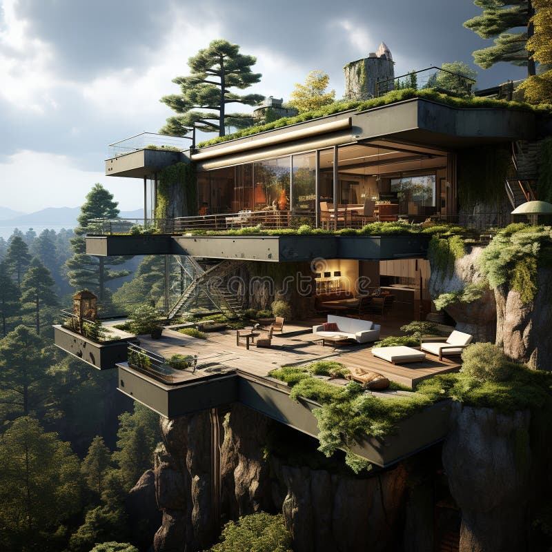 Single Family Home Structure on a Forest Cliff Architecture Landscape ...