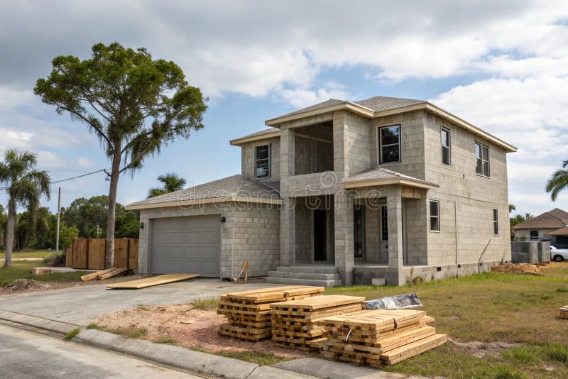 Single-family House Under Construction with Lumber Stacks Stock ...