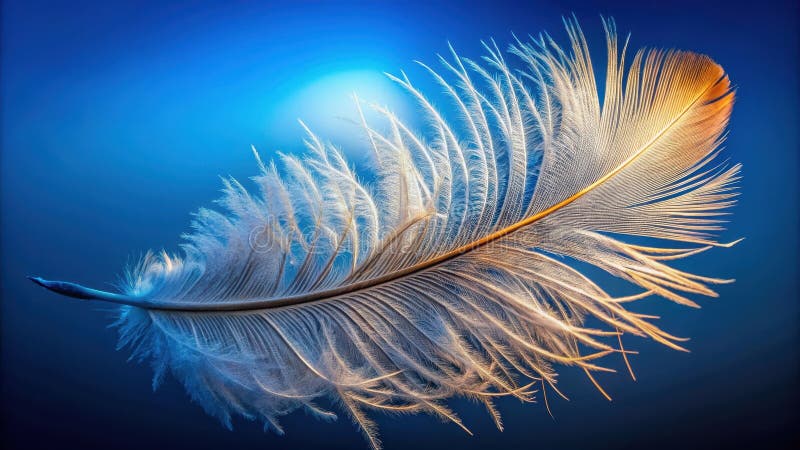 Single Feather Backlit Against a Deep Blue Background, Showcasing ...
