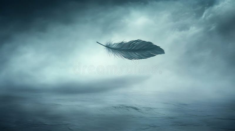 Single Feather Floating Over Misty Landscape with Dark Clouds Stock ...