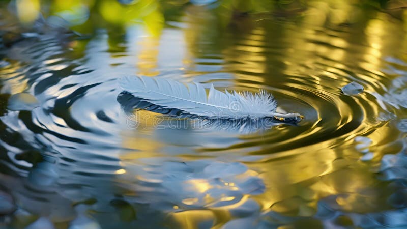 A Single Feather Floats in a Reflective Pool of Water Disturbed only by ...