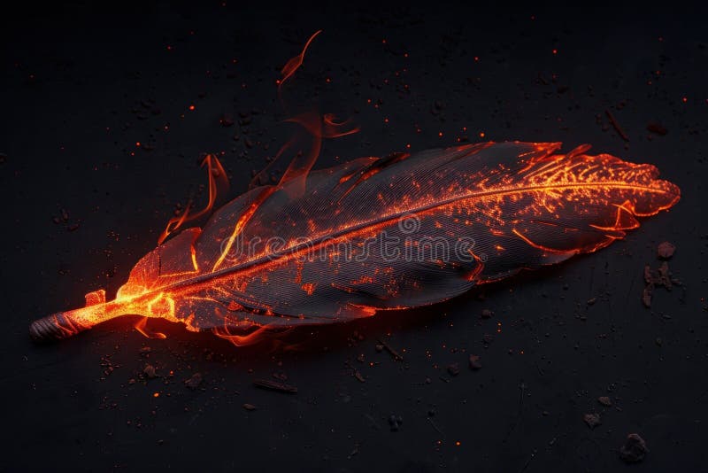 A Single Feather, Glowing with Fire, Lies on a Black Background. the ...