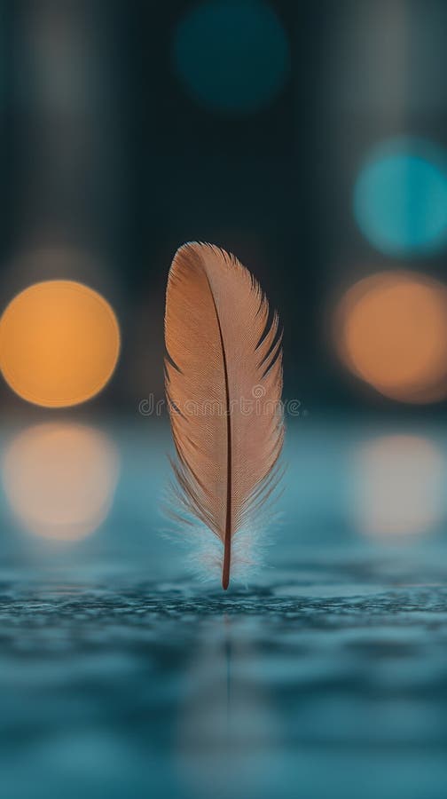 A Single Feather Standing Upright on a Reflective Surface with Blurred ...