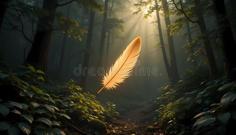 Single Feather in Sunlit Forest Path Stock Illustration - Illustration ...