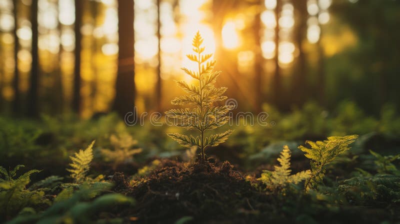 A Single Fern Plant Emerging from Forest Floor at Sunset Stock ...