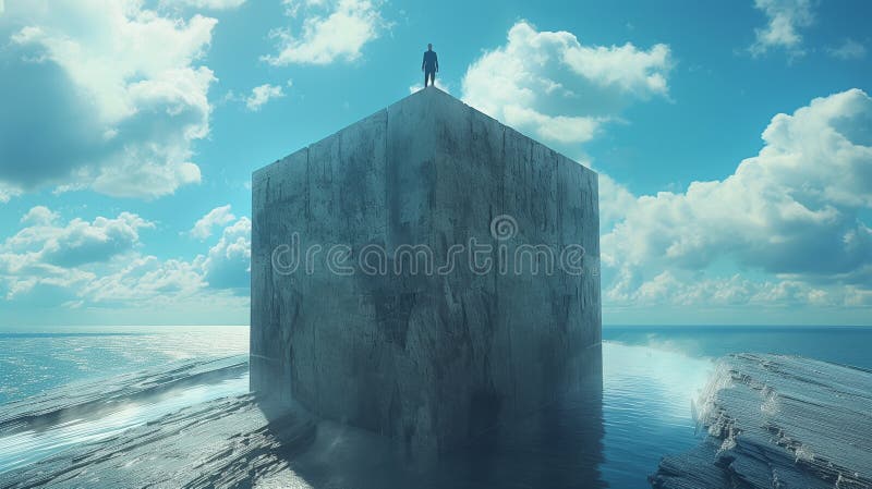 A Solitary Figure Stands Atop a Cube Structure Emerging from the Ocean ...