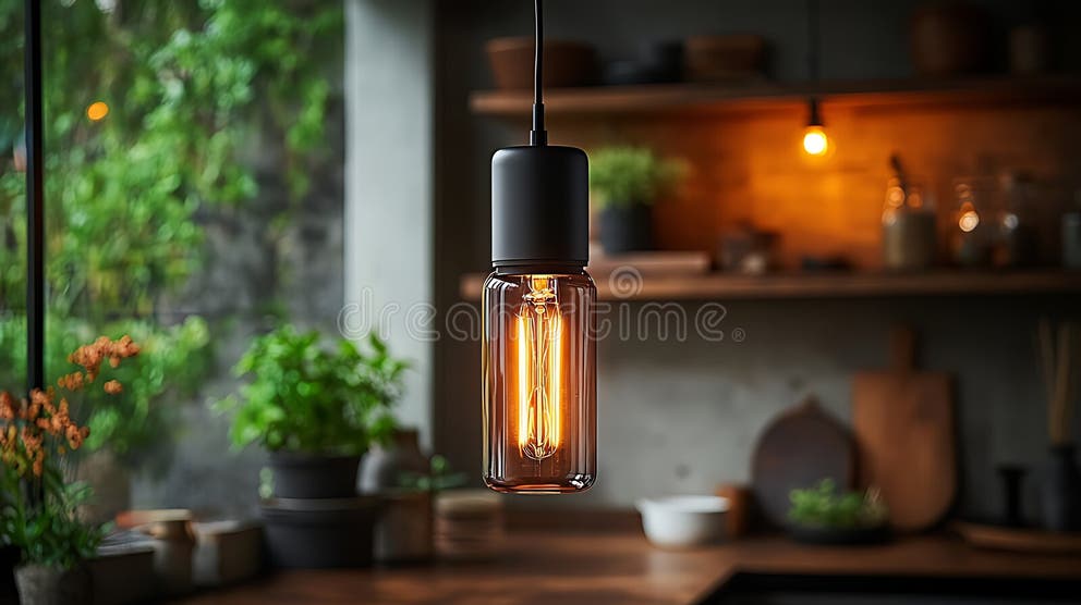 A Single Filament Light Bulb Hangs from the Ceiling in a Modern Kitchen ...