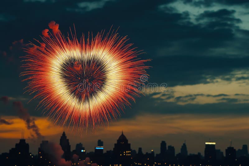 Fireworks Display Forming a Heart Shape Above a City Skyline Stock ...