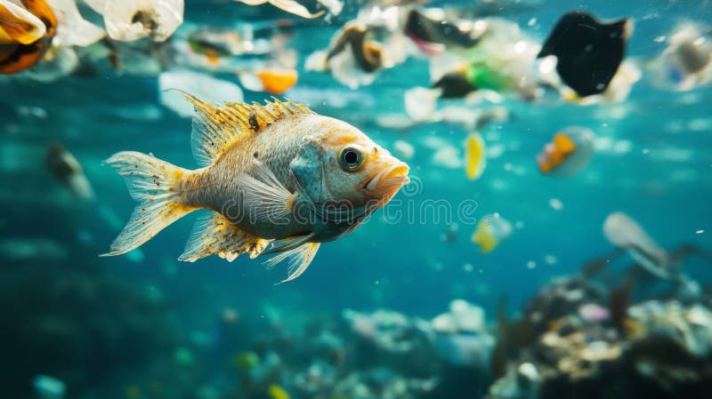 A Single Fish Swimming in a Sea of Plastic Pollution Stock Illustration ...