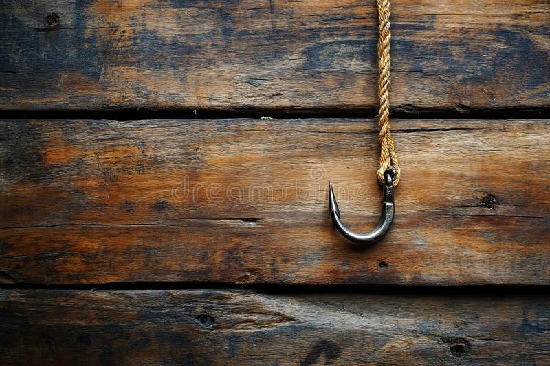 A Single Fishing Hook and Line Hanging Above a Rustic Wooden Surface ...