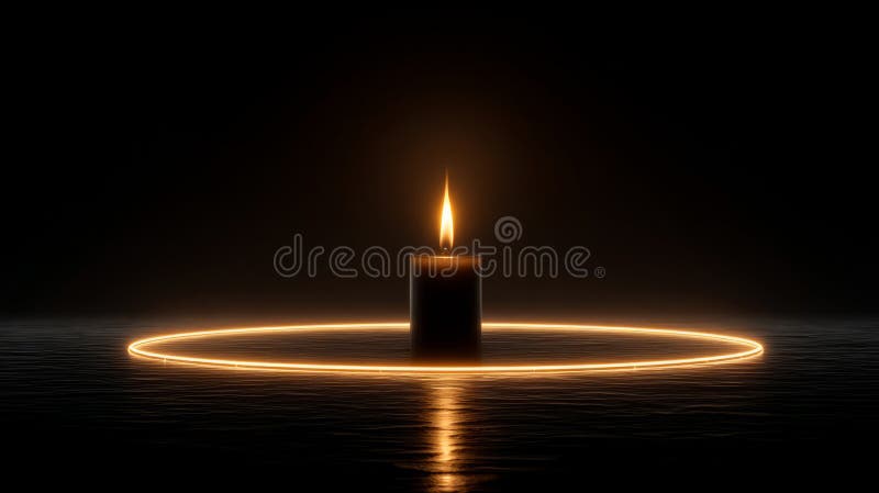 Single Flickering Candle Flame Floating in Darkness, Tiny Halo Glow ...