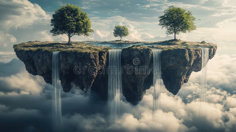Single Floating Island with Waterfalls Surrounded by Clouds Stock Image ...