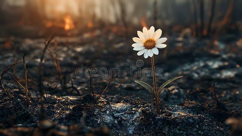 Single Flower Blooming in Charred Landscape, Symbolizing Resilience and ...