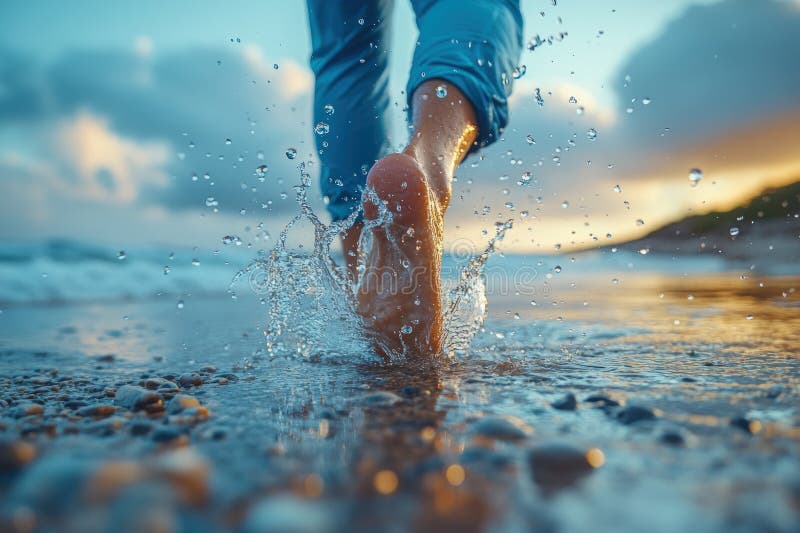 A Single Foot Splashes through the Water on a Sandy Beach Stock Photo ...