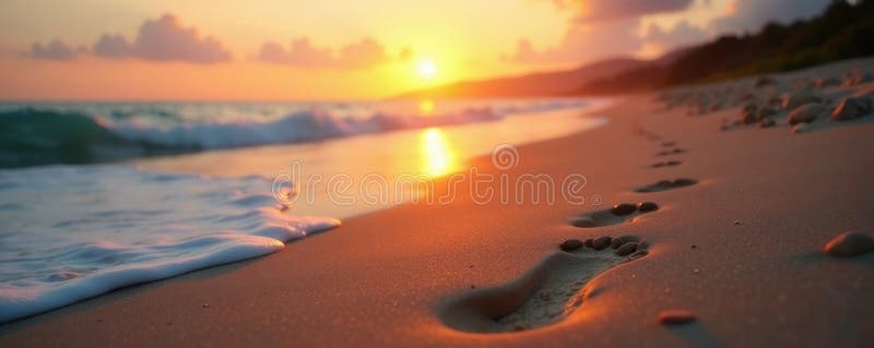 Single Footprint on Sandy Beach at Dawn, Aged Filter Effect , Sunrise ...