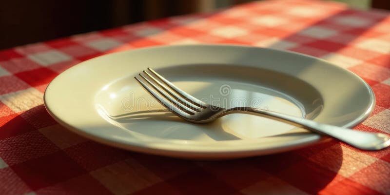A Single Fork Rests on an Empty Plate, Bathed in Sunlight on a ...