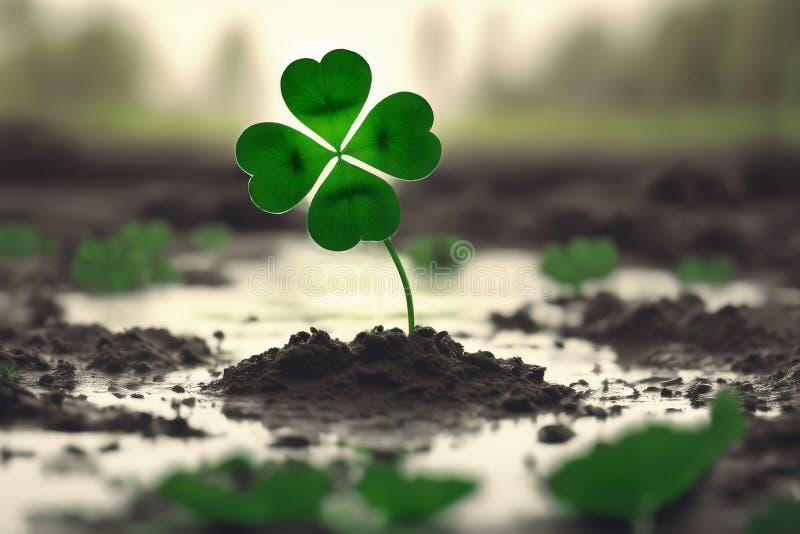 Single Four-leaf Clover Growing in Soil with Blurred Background. Stock ...
