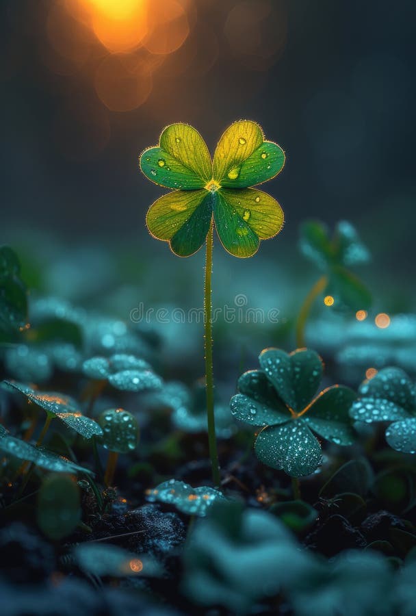 Single Four-leaf Clover Grows in the Forest at Dawn. Stock Image ...