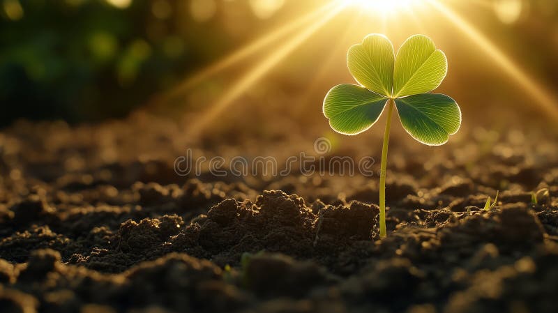 A Single Four-leaf Clover Sprouting in the Soil at Sunrise, Illuminated ...