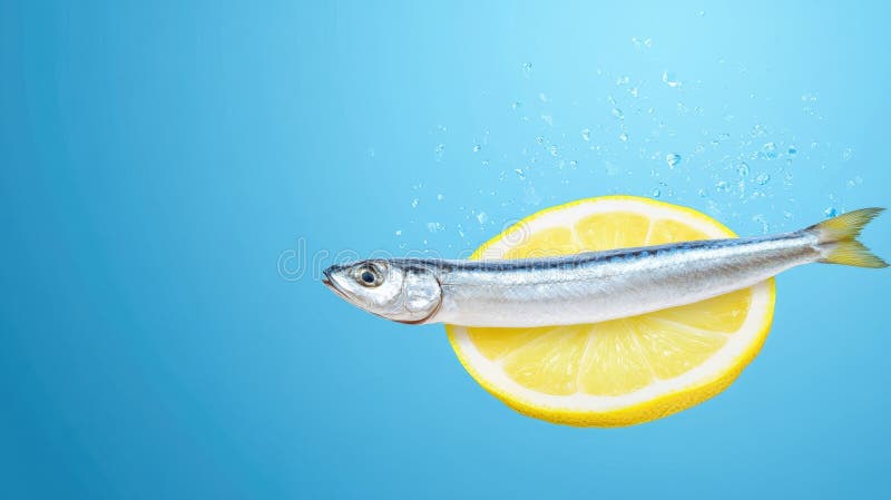 Single Fresh Anchovy on a Lemon Slice with a Blue Background Stock ...