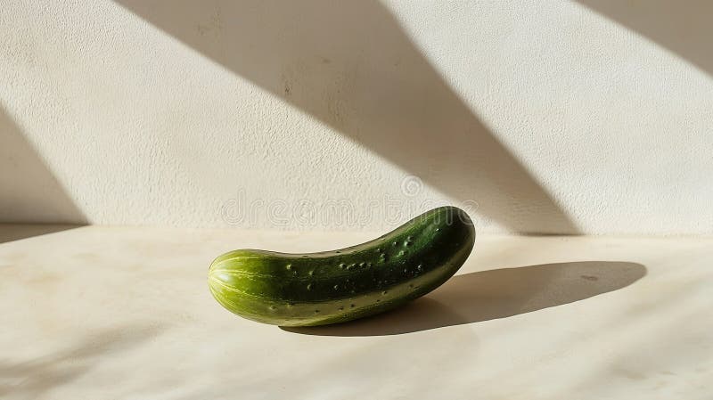 Single Fresh Green Cucumber on White Surface, Sunlit Stock Image ...