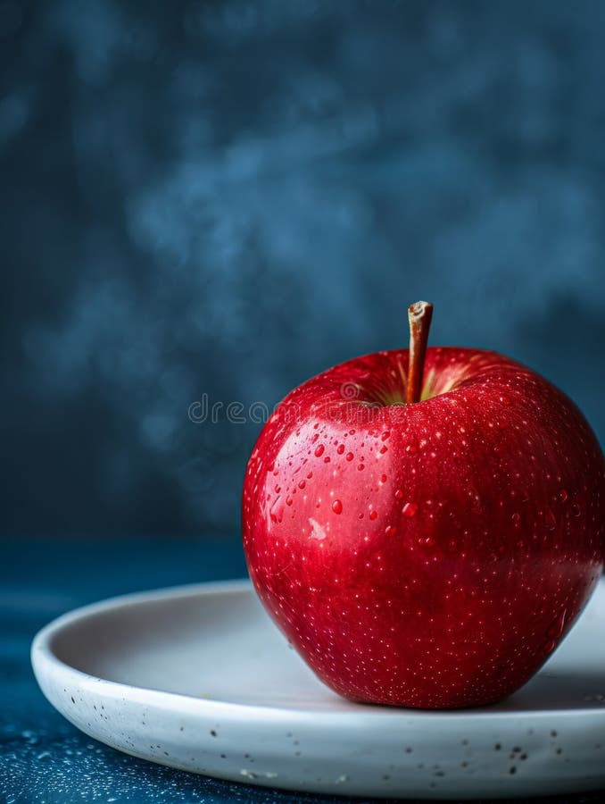 A Single Fresh Red Apple with Water Droplets on a White Plate. Stock ...
