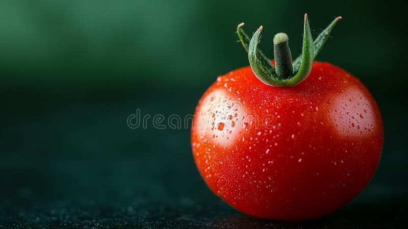 Single Fresh Tomato with Water Droplets on Green Background Stock Image ...