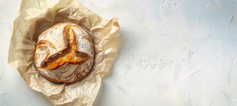 A Single, Freshly Baked Loaf of Bread Sits Wrapped in Parchment Paper ...